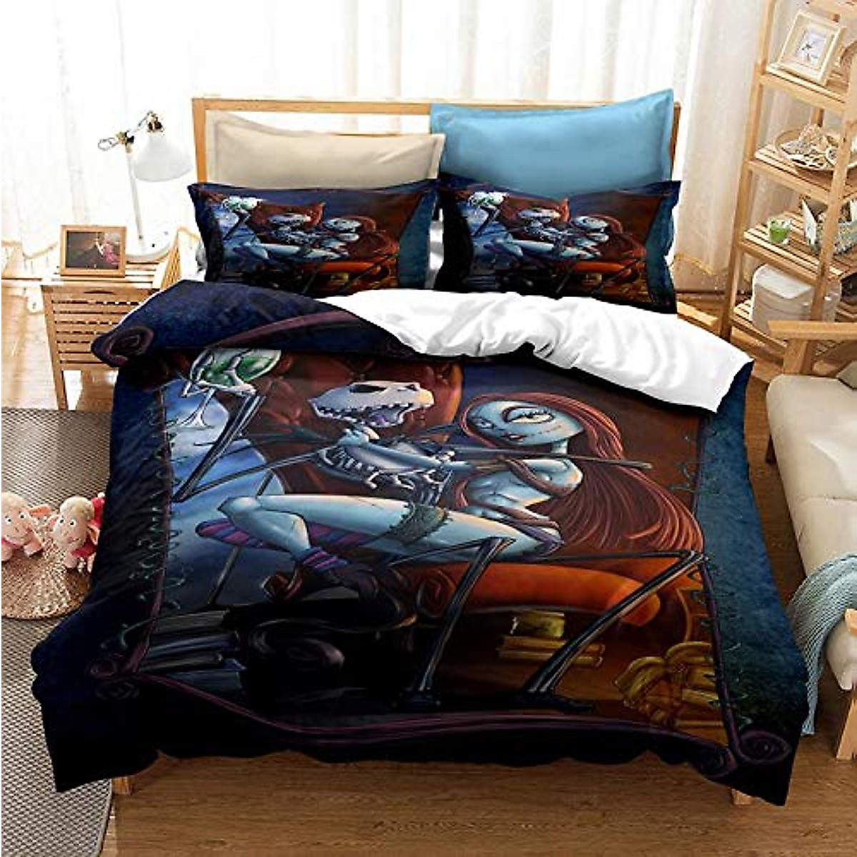 Vankie Bedding Set 3Pieces, Nightmare Before Christmas Duvet Cover Set Jack and Sally Throne Cartoon Bedding with 1 Duvet Cover, 2 Pillow Shams, No Comforter Queen Size