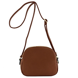 ALYSSA Double Zip Half Moon Crossbody Bag (Brown)