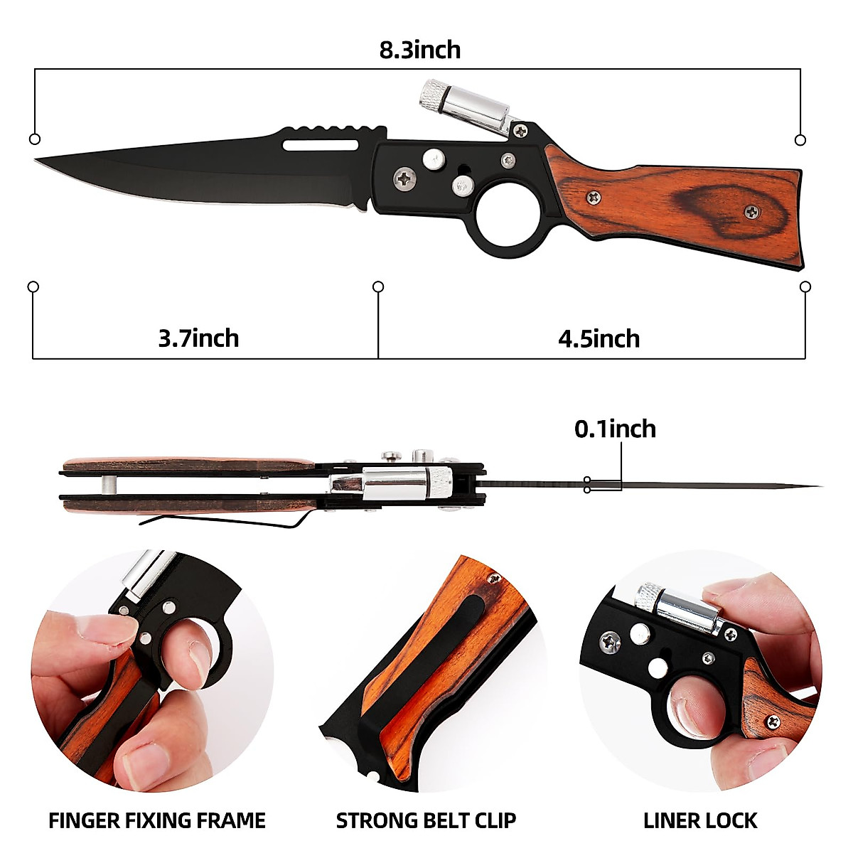 VESON-LON Pocket Knife, AK 47 Folding Knife for Camping Fishing Hiking Tactical Knife and EDC, LED Light, Husband Birthday Present, With Deep Pocket Clip for Men Women(Black)