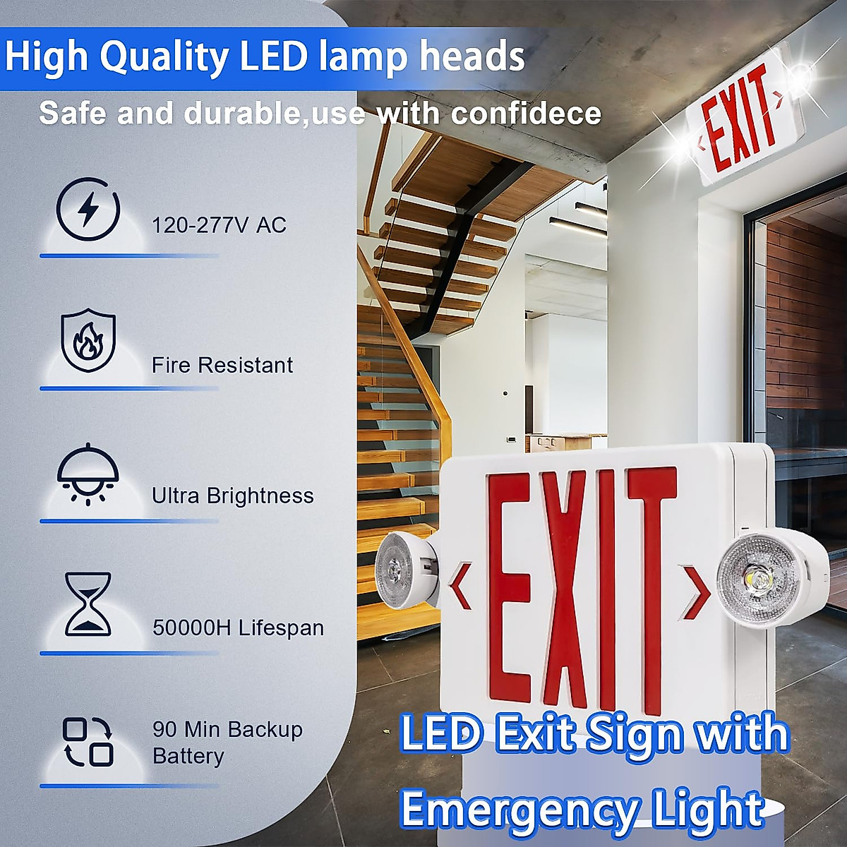 LED Exit Sign with Emergency Lights, Red Exit Sign Light with Battery Backup, Commercial Emergency Exit Sign Lighting with Two Adjustable Heads, AC 120-277V Fire Resistant UL Listed (8-Pack)