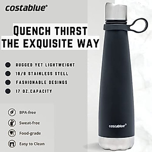 Costablue Insulated Water Bottle - On-The-Go Refillable Stainless Steel Water Bottles For Adults, Reusable Thermos Travel Tumbler With Leak-proof Lid For Hot & Cold Beverages (17 Oz. Matte Black)