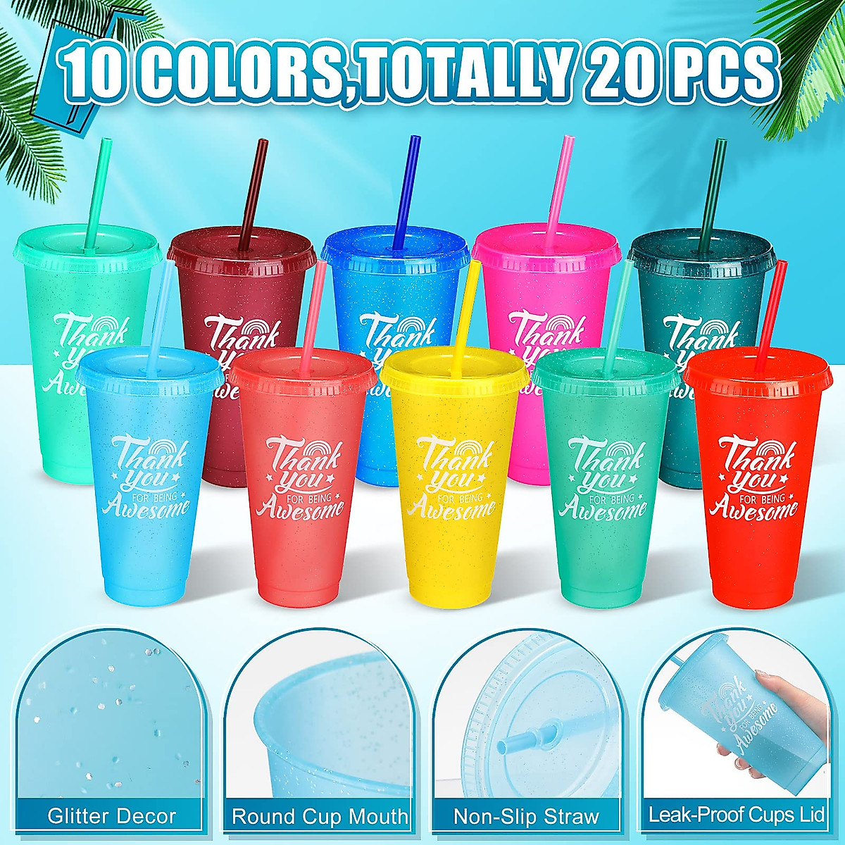 Nuenen Tumbler with Straw and Lid Thank You Gifts 24 Oz Reusable Plastic Cups Coffee Water Bottle Bulk Cold Drink Travel Mug Cup Reusable Plastic Cups for Christmas Adults Birthday, 10 Colors (20 Pcs)