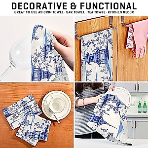 pnyoin Vintage Ink Pagodas Chinoiserie Style Kitchen Dish Towels with Hanging Loop Dishcloths Dish Rags Bar & Tea Towels Highly Absorbent Set of 4 for Cooking Drying Cleaning 18x28in
