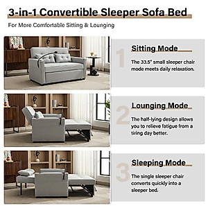 Convertible Loveseat Sleeper Bed, 3-in-1 Chaise Lounge Chair with Pillow and USB Charging, Reading Chair for Adults with Cup Holder, Side Pocket, Lounge Sofa for Bedroom with Phone Holder, Grey