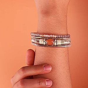 FANCY SHINY Leather Wrap Bracelets Crystal Beads Bracelet Boho Cuff Stone Charm Bracelets with Clasp Costume Jewelry for Women(Beige)