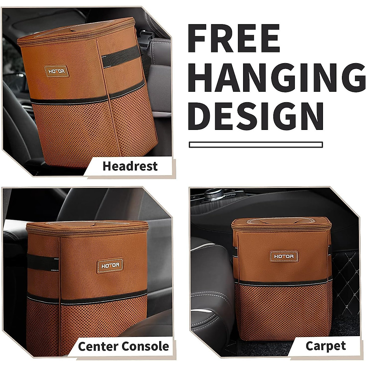 HOTOR Brown Car Trash Can with Adjustable Strap, Magnetic Snaps, Waterproof Lining, and Storage Pocket