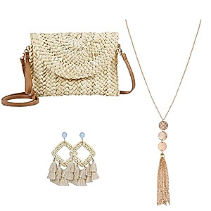 Oweisong Straw Clutch Purses for Women Summer Woven Beach Envelope Handbag Shoulder Crossbody Bag Bohemia Rattan Earrings