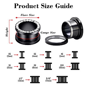 Qmcandy 12pcs Cubic Zirconia Double Flared Screw Plugs Tunnel Ear Expander Stretcher Piercing Ear Gauges 00g