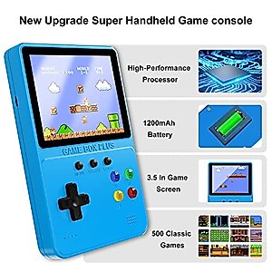 Heiko Retro Portable Handheld Game Console to Experience 500 Classic Games Anytime Anywhere, 3.5In Screen Video Game Console 1200mAh, Handheld Video Game Support for Connecting TV & Two Players(Blue)