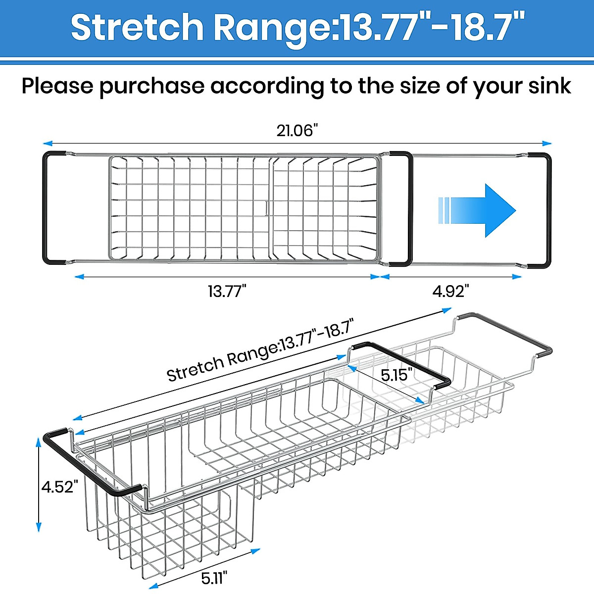 TreeLen Sink Caddy Sponge Holder Kitchen Sink Organizer Sponge Caddy Farmhouse Sink Accessories Rag Detergent Brush Dishwashing Liquid Rack Expandable 14-3/4" to 20" Stainless Steel