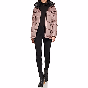 Kenneth Cole Women's Zip Down Puffer with Button Hood, BARK, X-Small