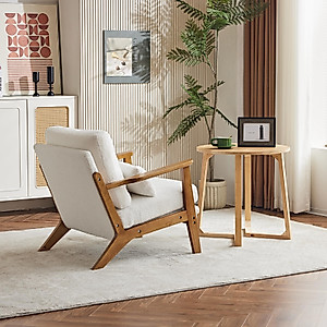 Karl home Accent Chair Wide Armrest Mid-Century Lounge Chair Teddy Fleece Armchair with Lumbar Pillow & Solid Wood Frame for Living Room, Bedroom, Balcony, White