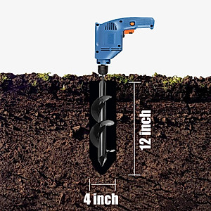 Jayzod 4"x12" Solid Auger Drill Bit for Planting，Garden Auger Spiral Drill Bit,Bulb & Bedding Plant Augers,Plants Drill bit for 3/8” Hex Drive Drill Light Black