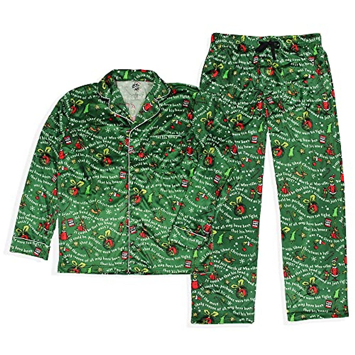 Dr. Seuss How the Grinch Stole Christmas Mens' Tossed Print Notch Collar Sleep Pajama Set (Large)