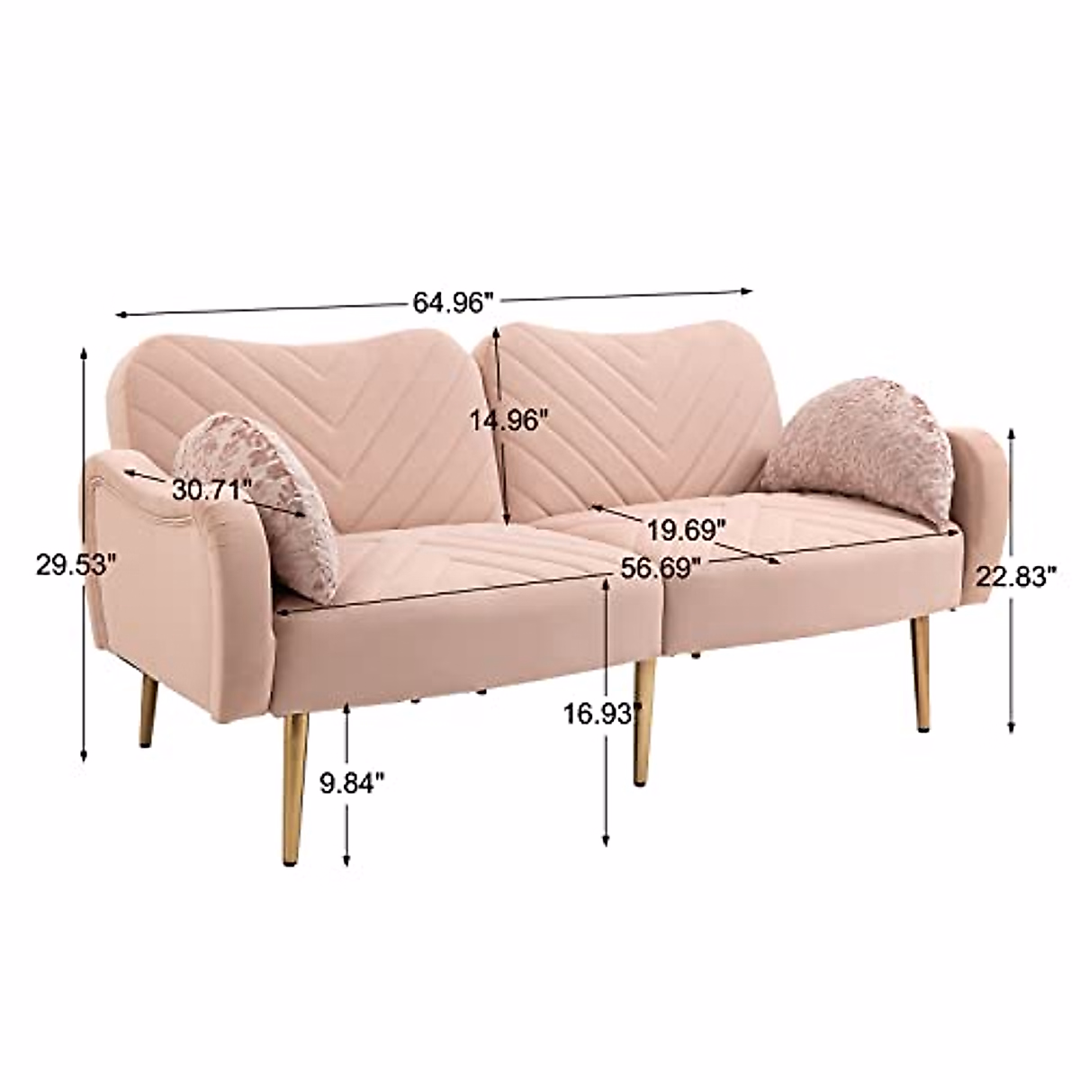 GNIXUU Small Couches for Living Room 65 inch, Mid Century Modern Velvet Love Seats Sofa Convertible Futon Bed with 2 Bolster Pillows, Loveseat Armrest for Bedroom, Apartment, Office, Pink