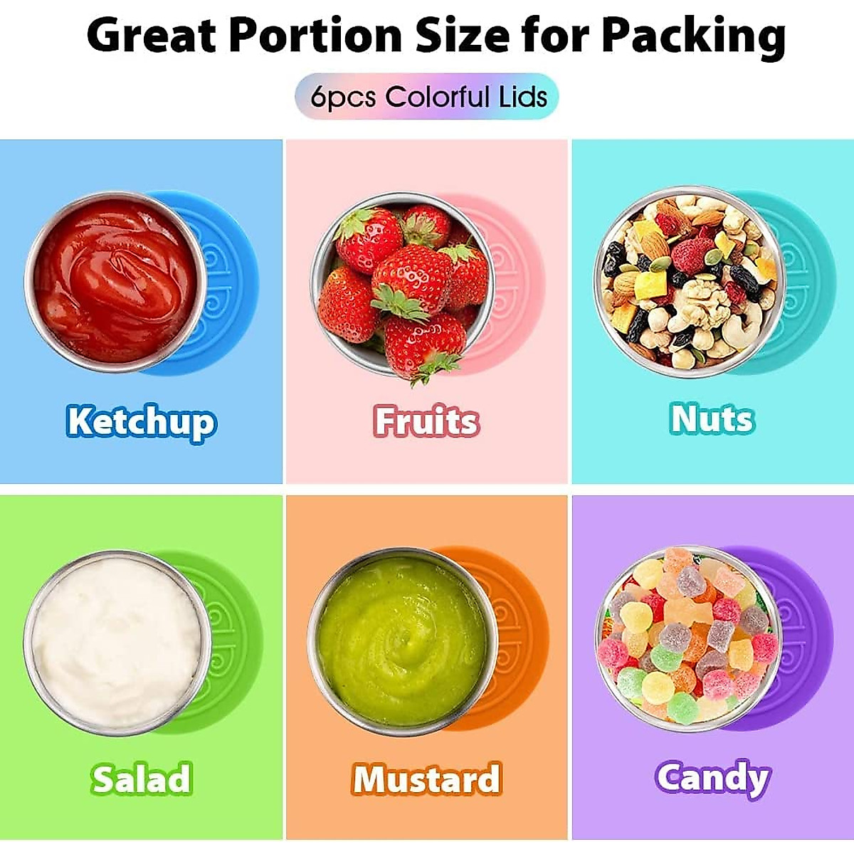 6 Pack Salad Dressing Containers To Go, 1.6 oz/2.5 oz Salad Dressing Dispenser with Lids Stainless Steel Condiment Cup Dipping Sauce Cups for Lunch Bento Box Leakproof Silicone Lids (1.6 OZ)