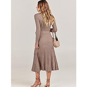 ANRABESS Long Sleeve Sweater Dress 2023 Fall Wrap Pleated V Neck Work Office A Line Tie Waist Soild Color Belted Ribbed Knit Bodycon Midi Sweater Dress 937doukou-XL