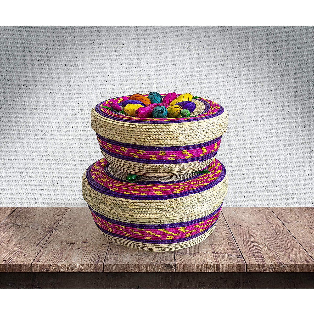 2-Pack Genuine Mexican Handwoven Tortilla Basket, Fiesta Mexican Tortilla Warmer, Tortilla Holder, Tortillero, Palm Straw Baskets Handmade in Mexico, Mexican Bowls (1, Floresita)