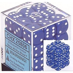 Chessex Dice D6 Sets: Opaque Blue with White - 12Mm Six Sided Die (36) Block of Dice