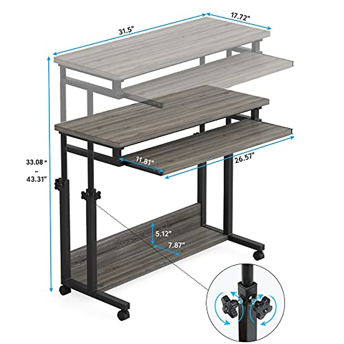 LITTLE TREE Portable Rolling Desk, Adjustable Height Small Standing Desk Computer Workstation with Keyboard Tray for Small Space
