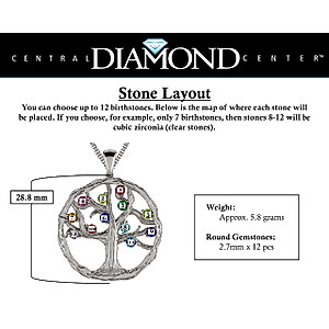 Central Diamond Center Tree of Life Mothers Birthstone Necklace w/ 1-12 Simulated Birthstones- Platinum Plated Silver