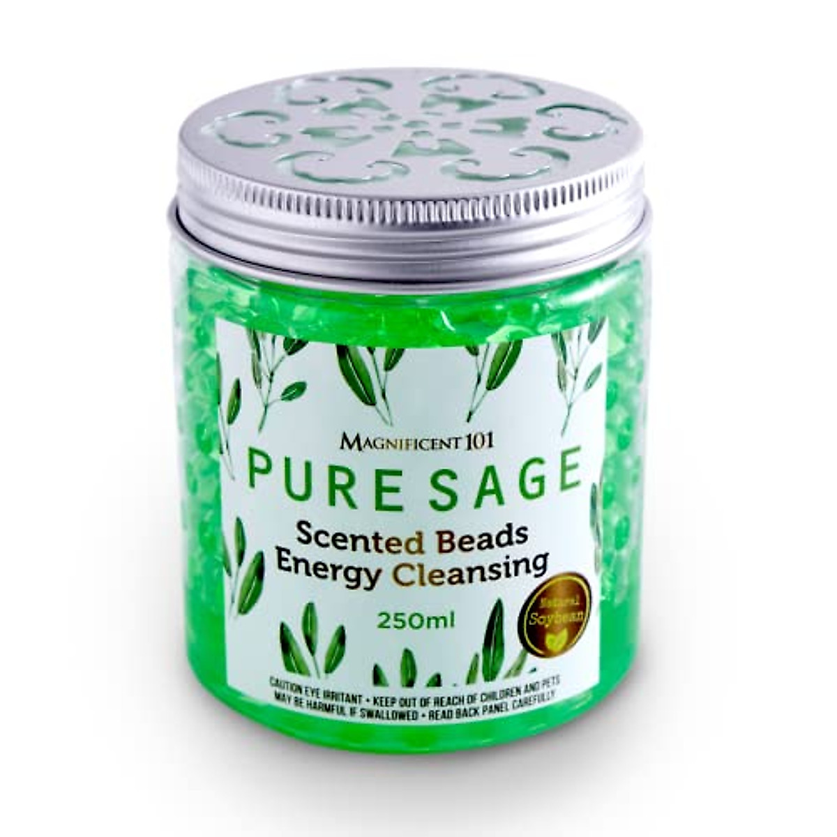 MAGNIFICENT 101 Pure Sage Scented Beads in 8.5-oz Lidded Jar; for House Energy Cleansing, Purification, Air Freshening & Odor Elimination; Great for Office, Yoga Studio or Apartment Housewarming Gift