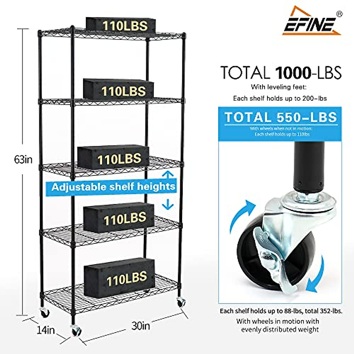 5-Shelf Shelving Units and Storage on Wheels with 5-Shelf Liners, NSF Certified, Adjustable Carbon Steel Wire Shelving Unit Rack for Garage, Kitchen, Office, Black (63H X 30W X 14D)