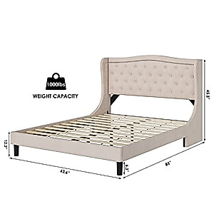 HOSTACK Queen Size Bed Frame, Modern Upholstered Platform Bed with Wingback Headboard, Heavy Duty Button Tufted Bed Frame with Wood Slat Support, Easy Assembly, No Box Spring Needed(Beige, Queen)
