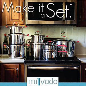 Millvado Stock Pot, 6 Quart Stainless Steel Pot, StockPot With Clear Glass Lid, Steam Hole, Permanent Measurement Markings, Gas, Electric and Induction Compatible Boiling Pot