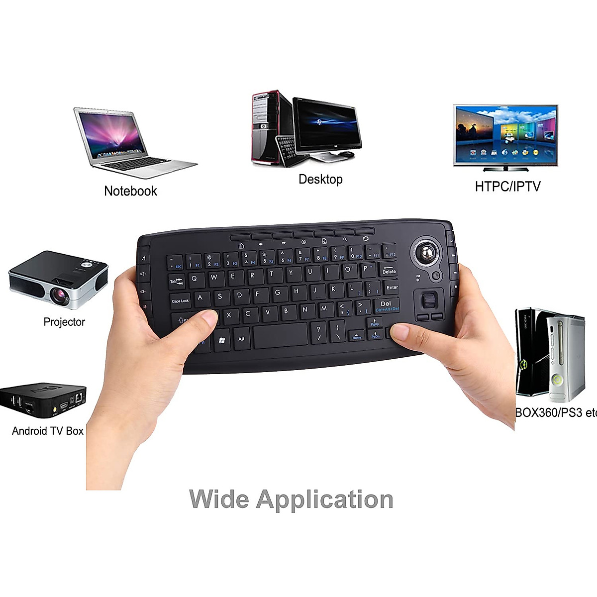 Fonicer Multimedia 2.4Ghz Wireless Mini Keyboard with Trackball Mouse Scroll Wheel for PCMacAndroid Tv Box, Remote Controller,X Structure, Black