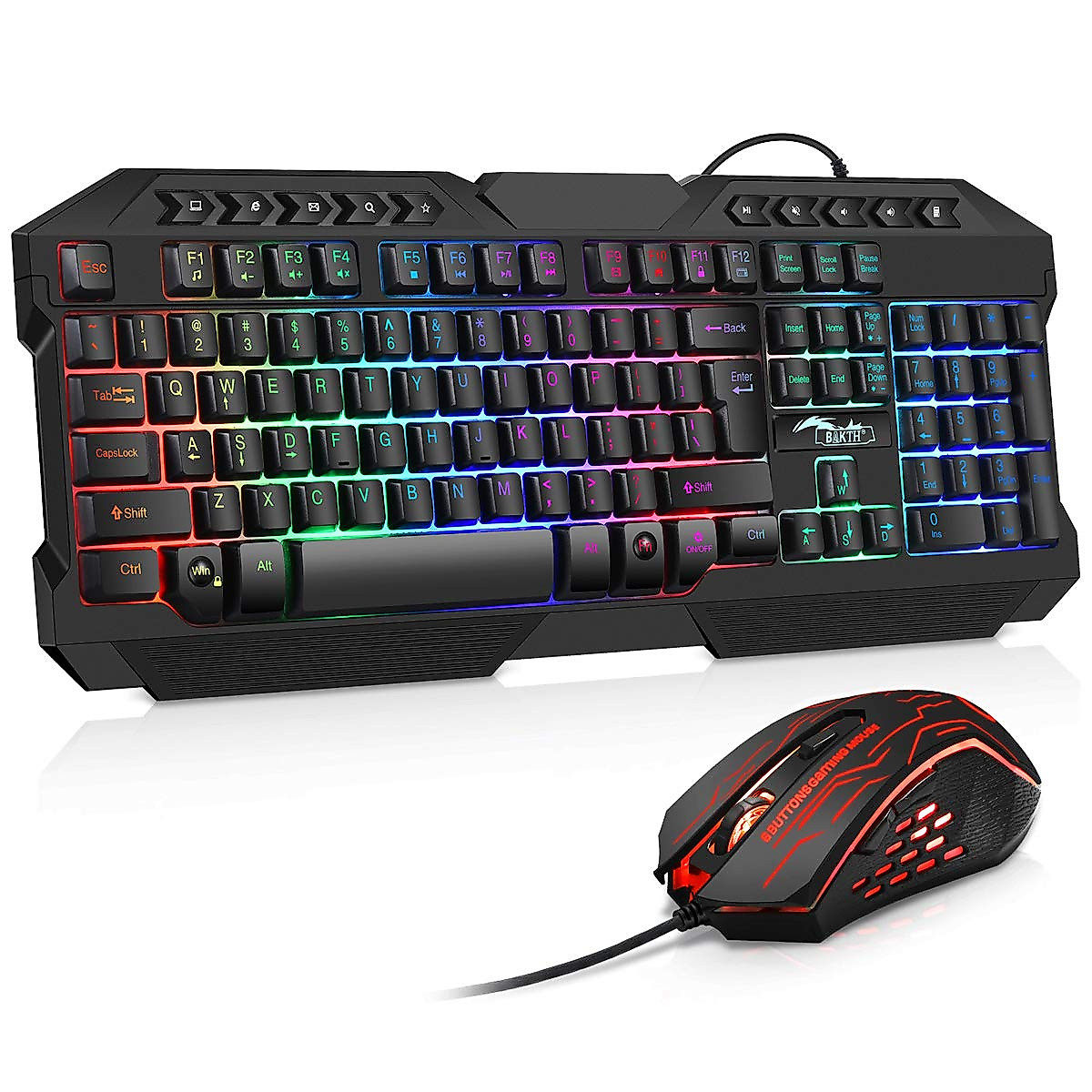 BAKTH Multiple Color LED Rainbow Backlit Wired Gaming Keyboard and Mouse Combo, USB Ergonomic Computer Keyboard with 7 Colors 3600DPI 6 Button Mouse for PC Windows Mac Game and Work