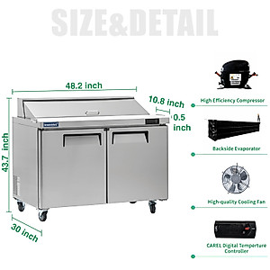 ICECASA 48" W Commercial Refrigerator Sandwich&Salad Prep Table 2 Door Stainless Steel Counter Fan Cooling Refrigerator with 12 pans-48 Inches for Restaurant, Bar, Shop, etc