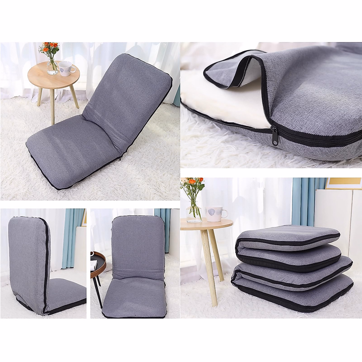 PBTMCD 5 Adjustable Position - Floor Chair with Back Support, Removable & Washable Linen Fabric Cover Living Room Folding Chair, Meditation Chairs (Color : White)