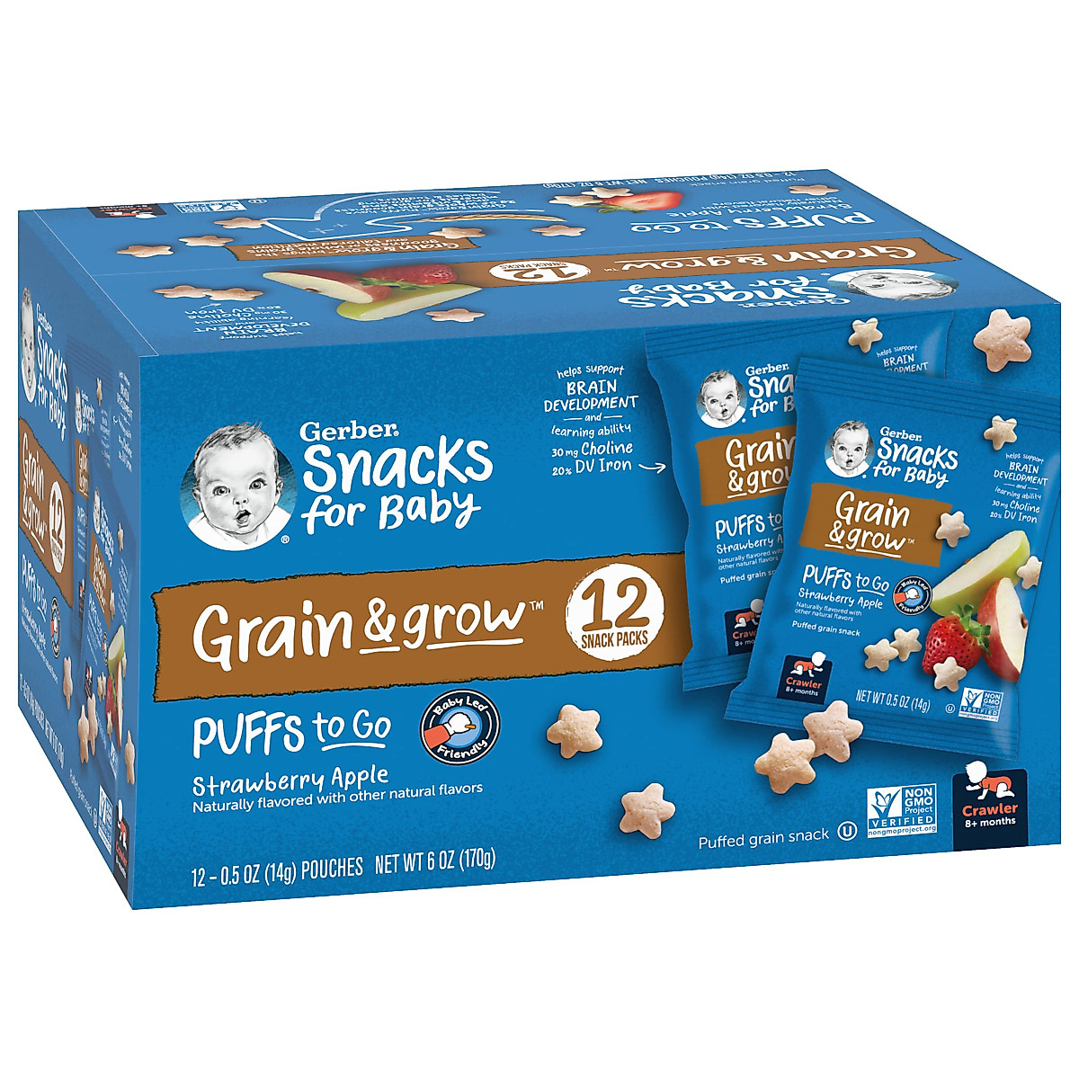 Gerber Snacks for Baby Grain & Grow Puffs To Go, Strawberry Apple, Non-GMO Puffed Grain Baby Snack for Crawlers, Pack of 1 Box