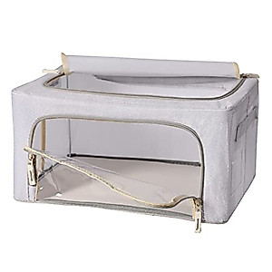 Foldable Clothes Storage Bins 2 Pack, Stackable Metal Frame Clothing Storage Box, Oxford Fabric Organizer Set with Clear Windows&Sturdy Carry Handles(22L,Light Grey)