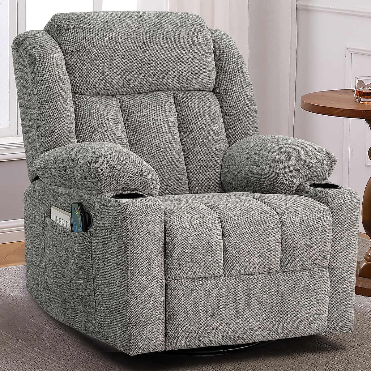 Ketaiyou Rocker Swivel Recliner Chair for Adults, Overstuffed Large Manual Recliner Glider with Massage and Heat, Comfy Soft Fabric Living Room Reclining Sofa Chair(Lime Gray)
