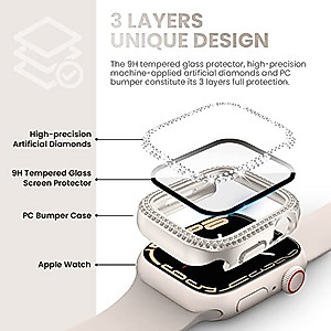 Tensea [3Pack] for Apple Watch Screen Protector Case Series 9 8 7 41mm Accessories, iWatch Hard PC Diamond Bumper Case Built-in Tempered Glass Film, Protective Bling Face Cover for Women Girls, 41 mm