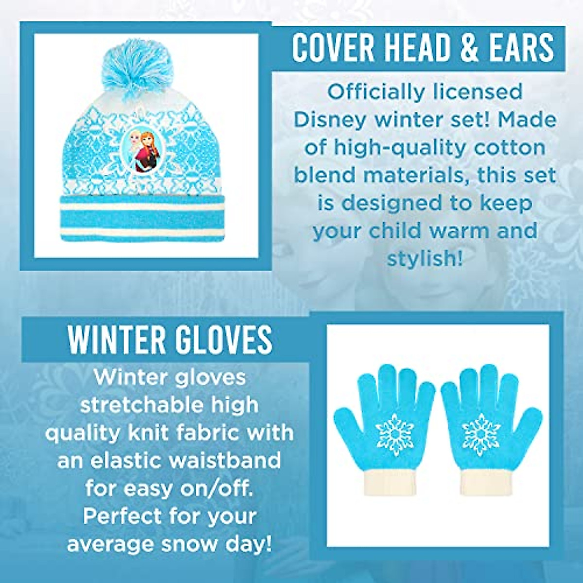 Disney Frozen Girls and Toddler Beanie Hat and Toddler Snow Gloves, Elsa and Anna Kids Toddler Winter Hat with Snow Gloves