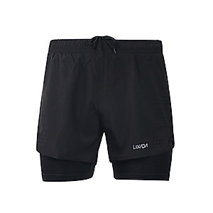 LIXADA Men's 2-in-1 Running Shorts Quick Drying Breathable Active Training Exercise Jogging Cycling Shorts (Black, L)