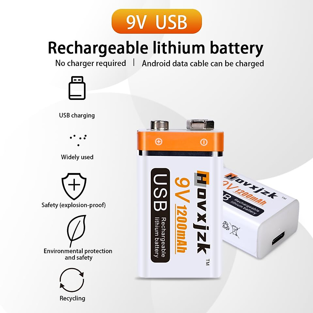 USB 9V Rechargeable Battery, USB Quick Charge in 1.5 Hours, High Capacity 1200mAh Square Lithium Batteries with Type C Port Cable (2-Packs)
