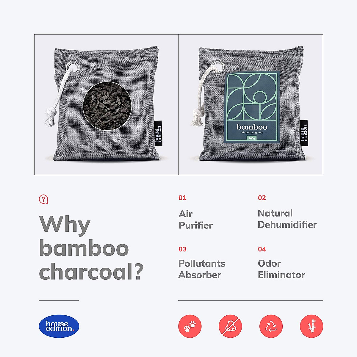 Bamboo Charcoal Air Purifying Bag 4-Pack – Naturally Freshen Air with Powerful Activated Charcoal Bags Odor Absorber – Kid and Pet-Friendly Air Fresheners for Home or Car by House Edition, 4x200g