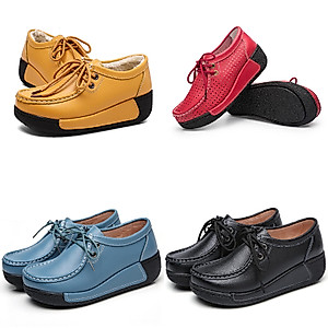 MOYOWEI Women's Leather Platform Wedge Sneakers,Comfort Moc Toe Non-Slip Softsole Lace-up Casual Walking Loafers Boat Shoes (6,Black)