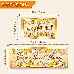 Fall Kitchen Mats, Happy Fall Yall Kitchen Rugs for floor Set of 2, Pumpkins Kitchen Rugs and Mats Non Slip, Autumn Leaves Sunflower Home Sweet Home Decor Gifts for Office Laundry, 17x29+17x47 Inch