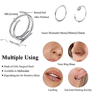 ZELORES 15Pcs 18G Nose Rings Hoops Double Nose Ring For Single Piercing 316l Surgical Steel Spiral Nose Hoop Rings For Women Nostril Piercing Jewelry(8MM)