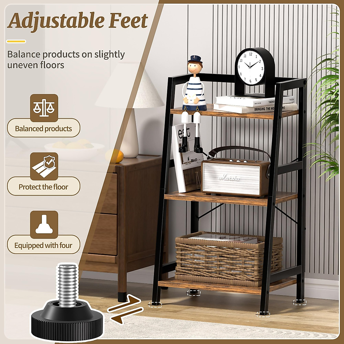 3-Tier Bookshelf, Ladder Shelf, Industrial Bookcase with Steel Frame, Metal Small Bookcase, for Living Room, Home Office, Kitchen, Bedroom, Industrial Style（Rustic Brown & Black）