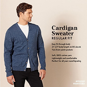Amazon Essentials Men's Cotton Cardigan Sweater, Blue Heather, Large