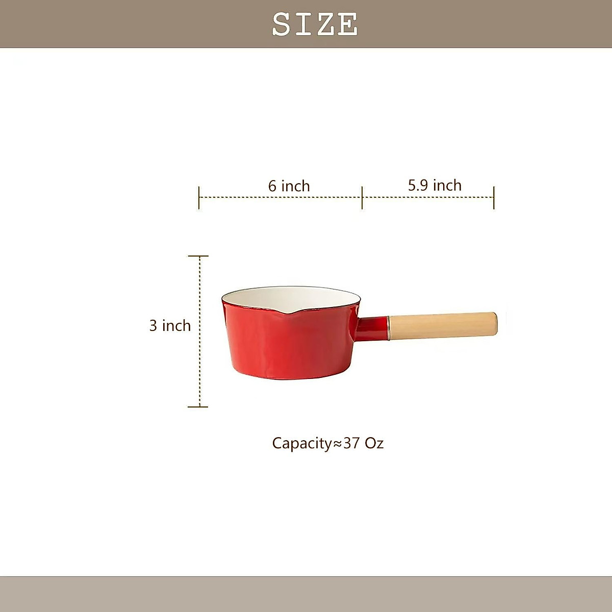 FYUEROPA Enamel Milk Pot, Butter Warmer Non-stick Saucepan, 6 Inch 37 Oz Cookware with Wooden Handle (Red)