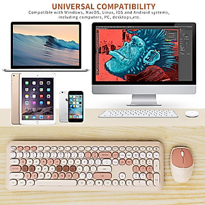 Wireless Keyboard and Mouse Combo, Colorful Ergonomic Full Size Retro Low-Noise Keyboard with Cute keycaps, Compatible with Windows, PC, Perfer for Home and Office Keyboards (Brown)