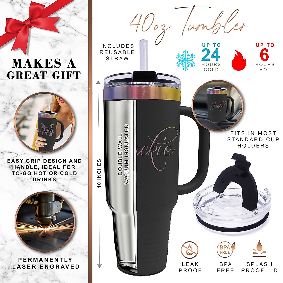 Custom Monogrammed 40 oz Tumbler with Handle, Lid and Straw - Personalized Insulated Stainless Steel Large Cup (Black with Prism)