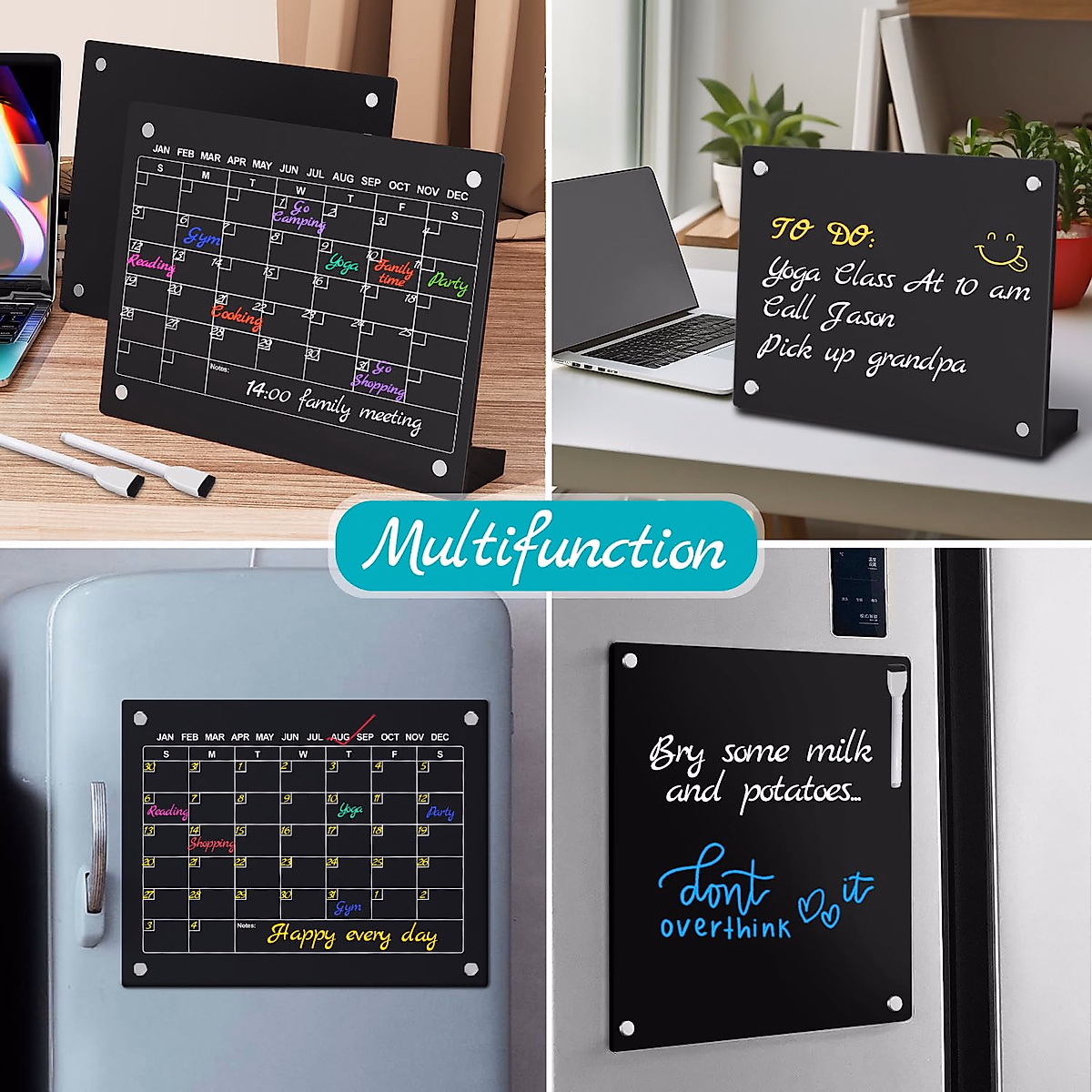 2PCS Black Acrylic Dry Erase Board with Stand for Desk, 16x12 Large Desktop Monthly Whiteboard Magnetic Fridge Calendar Memo Board, Daily Planner Blackboard Easel for Office, School
